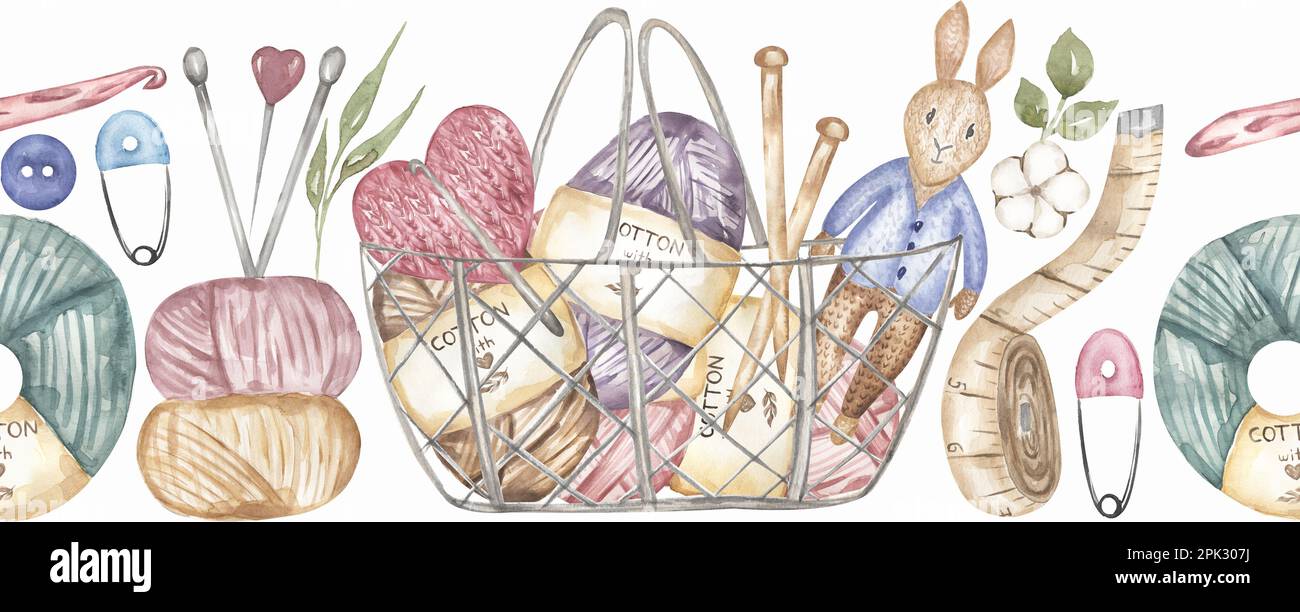 Hand-drawn watercolor knitting elements seamless border frame clipart ...