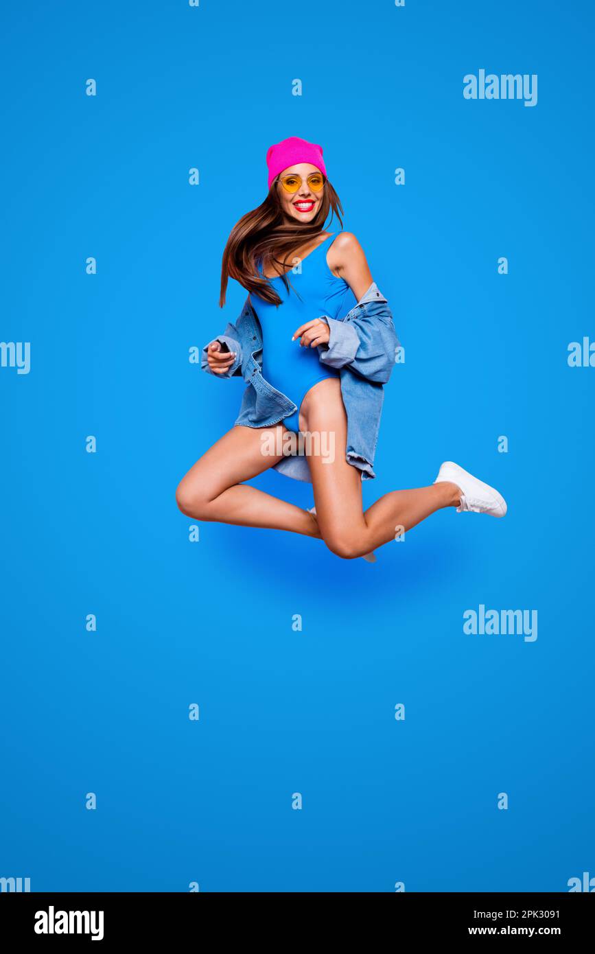 Vertical full size length body studio photo portrait of cheerful ...