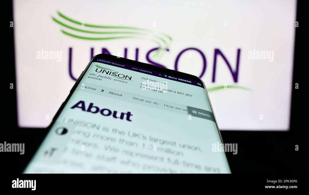 Smartphone with webpage of British trade union UNISON on screen in ...