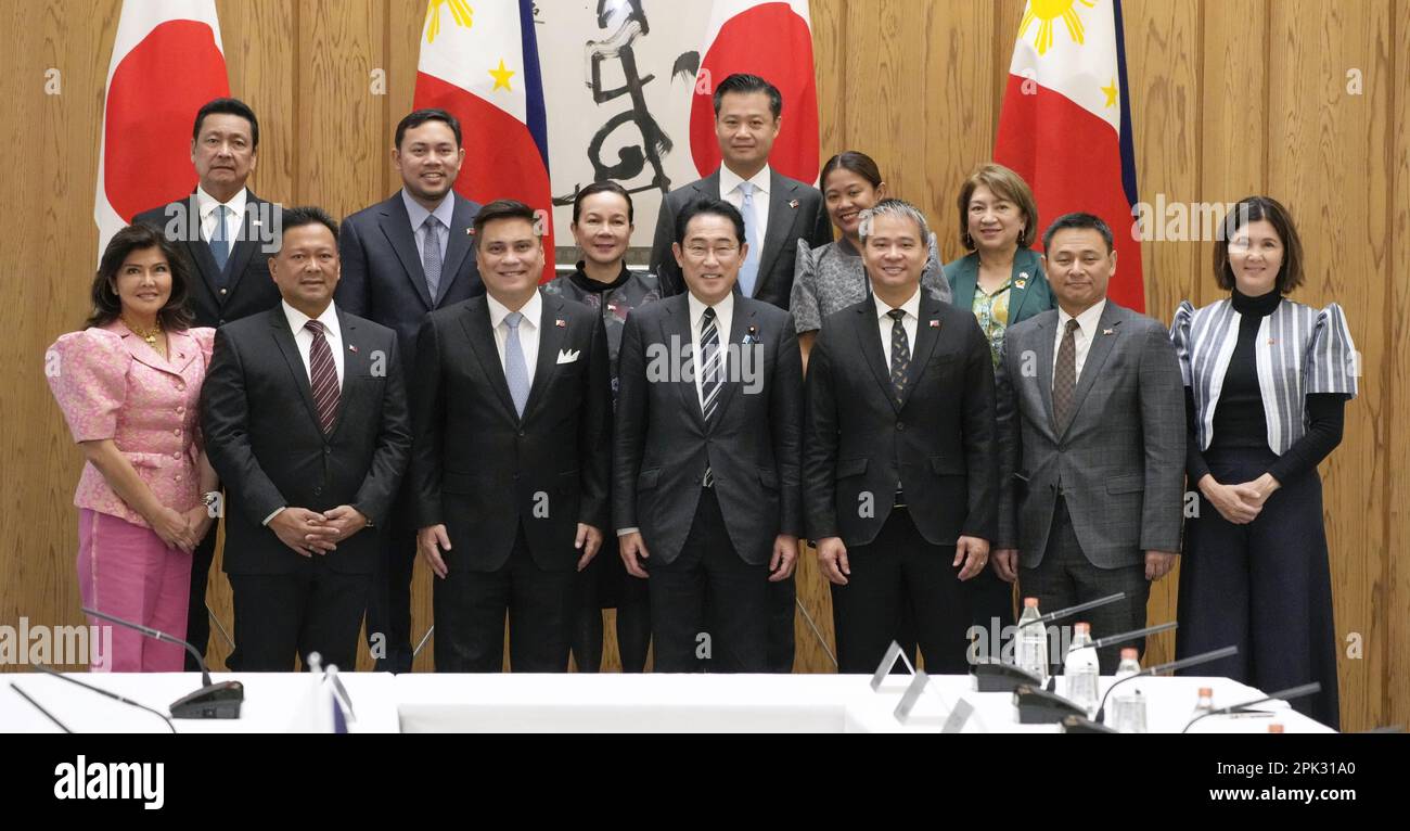 Tokyo, Japan, April 5, 2023. Japanese Prime Minister Fumio Kishida (C ...