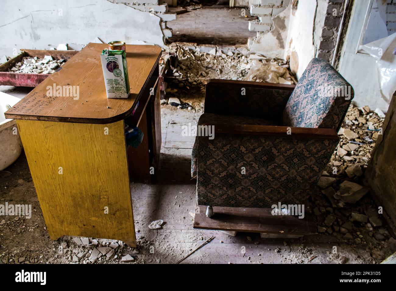 Interior of a house destroyed by a Russian bombardment. Objects of ...