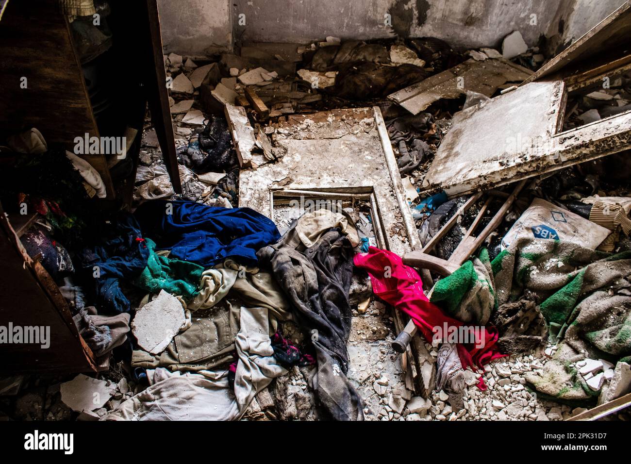 Interior of a house destroyed by a Russian bombardment. Objects of ...