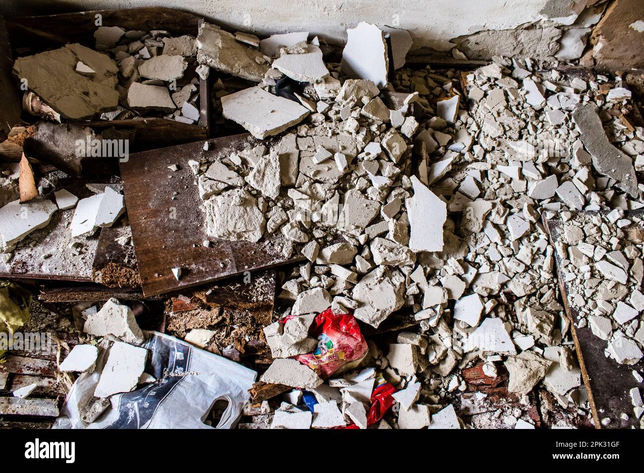 Interior of a house destroyed by a Russian bombardment. Objects of ...