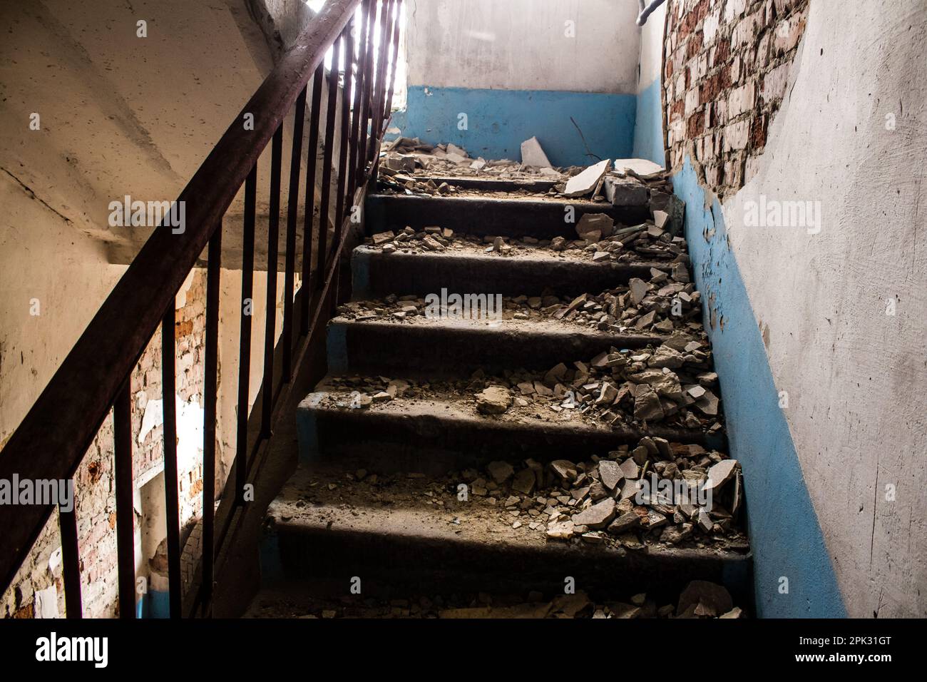 Interior of a house destroyed by a Russian bombardment. Objects of ...