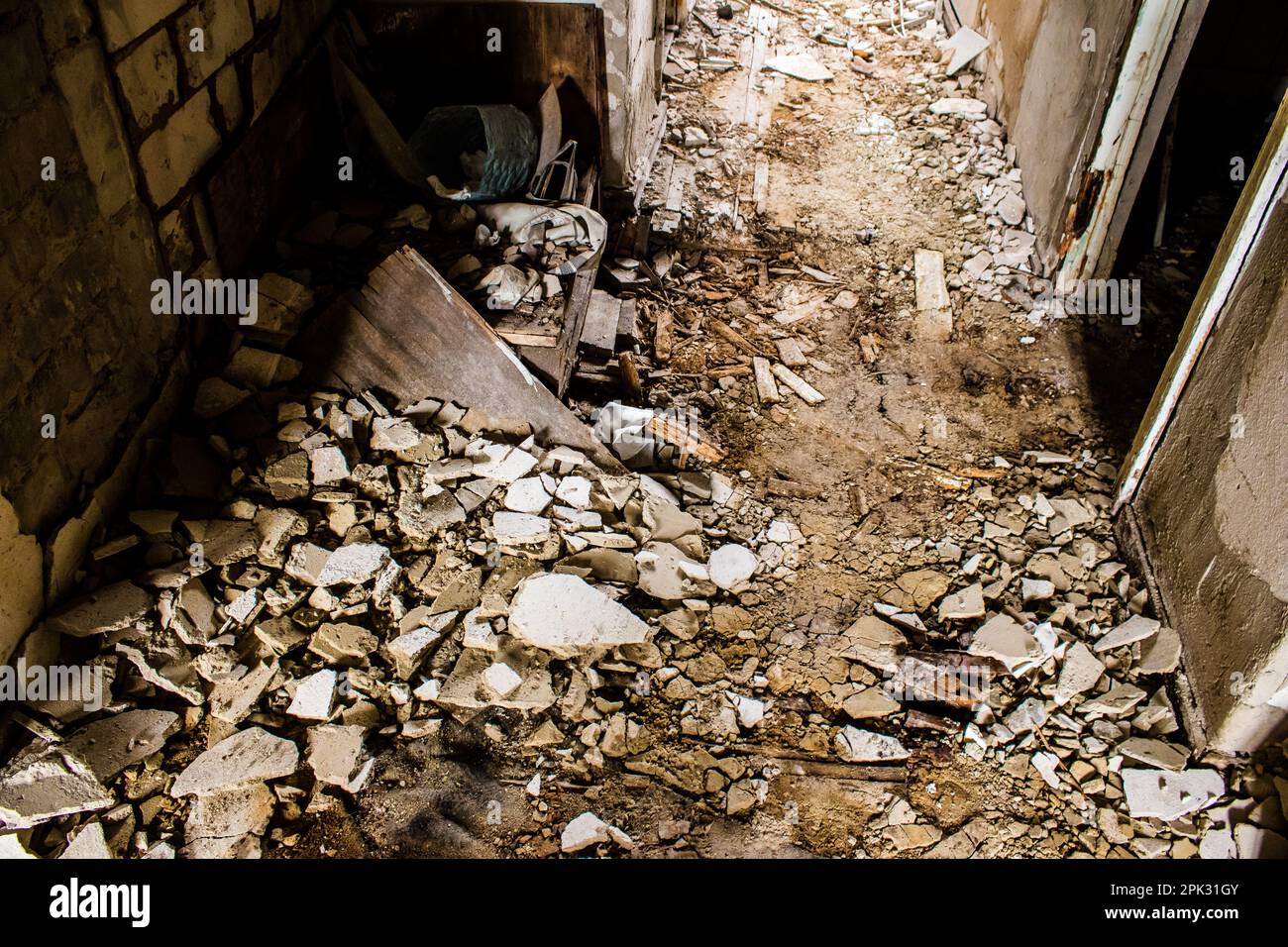 Interior of a house destroyed by a Russian bombardment. Objects of ...