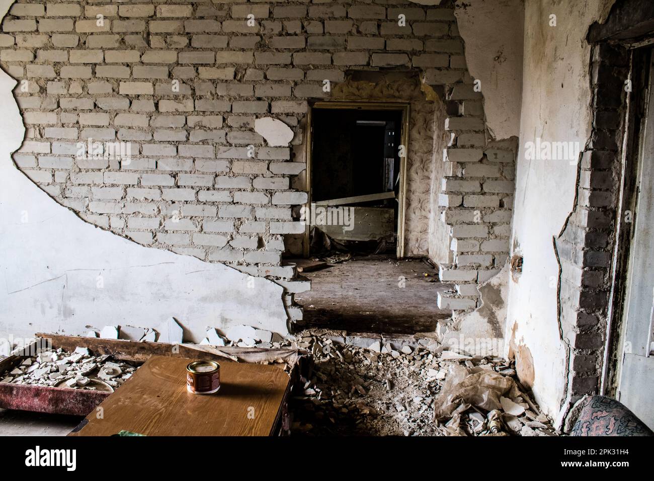 Interior of a house destroyed by a Russian bombardment. Objects of ...