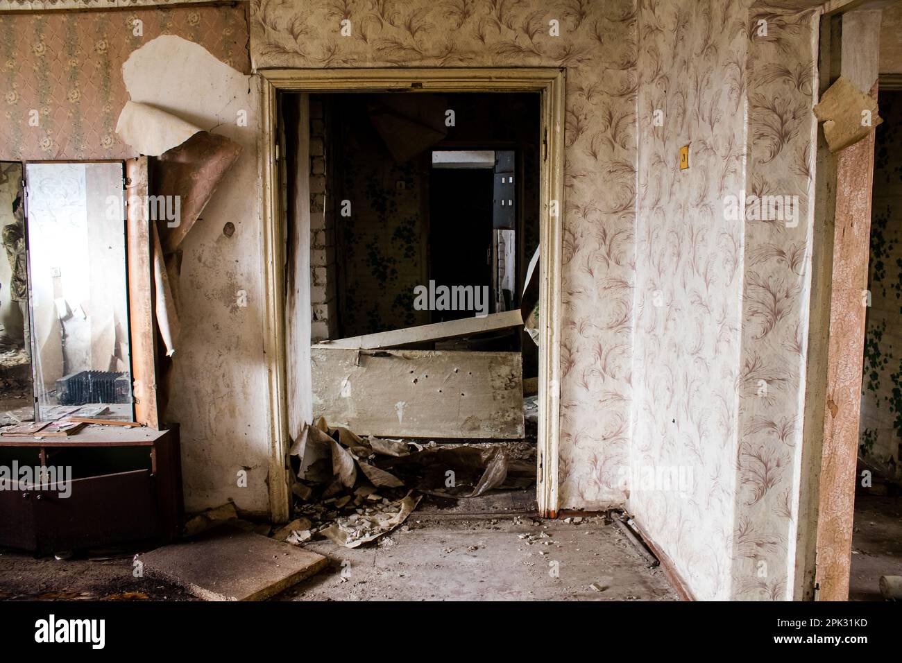 Interior of a house destroyed by a Russian bombardment. Objects of ...