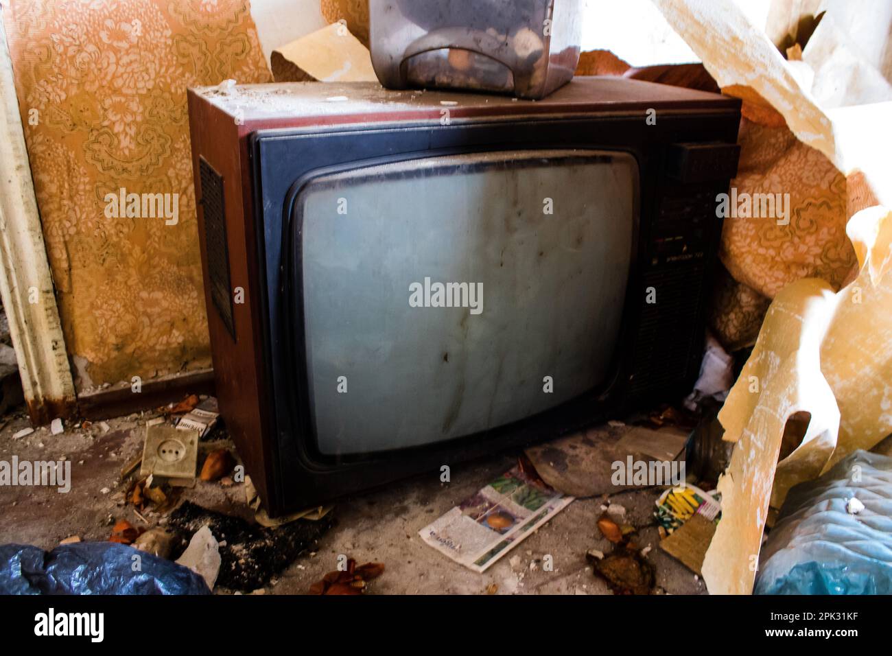 Interior of a house destroyed by a Russian bombardment. Objects of ...