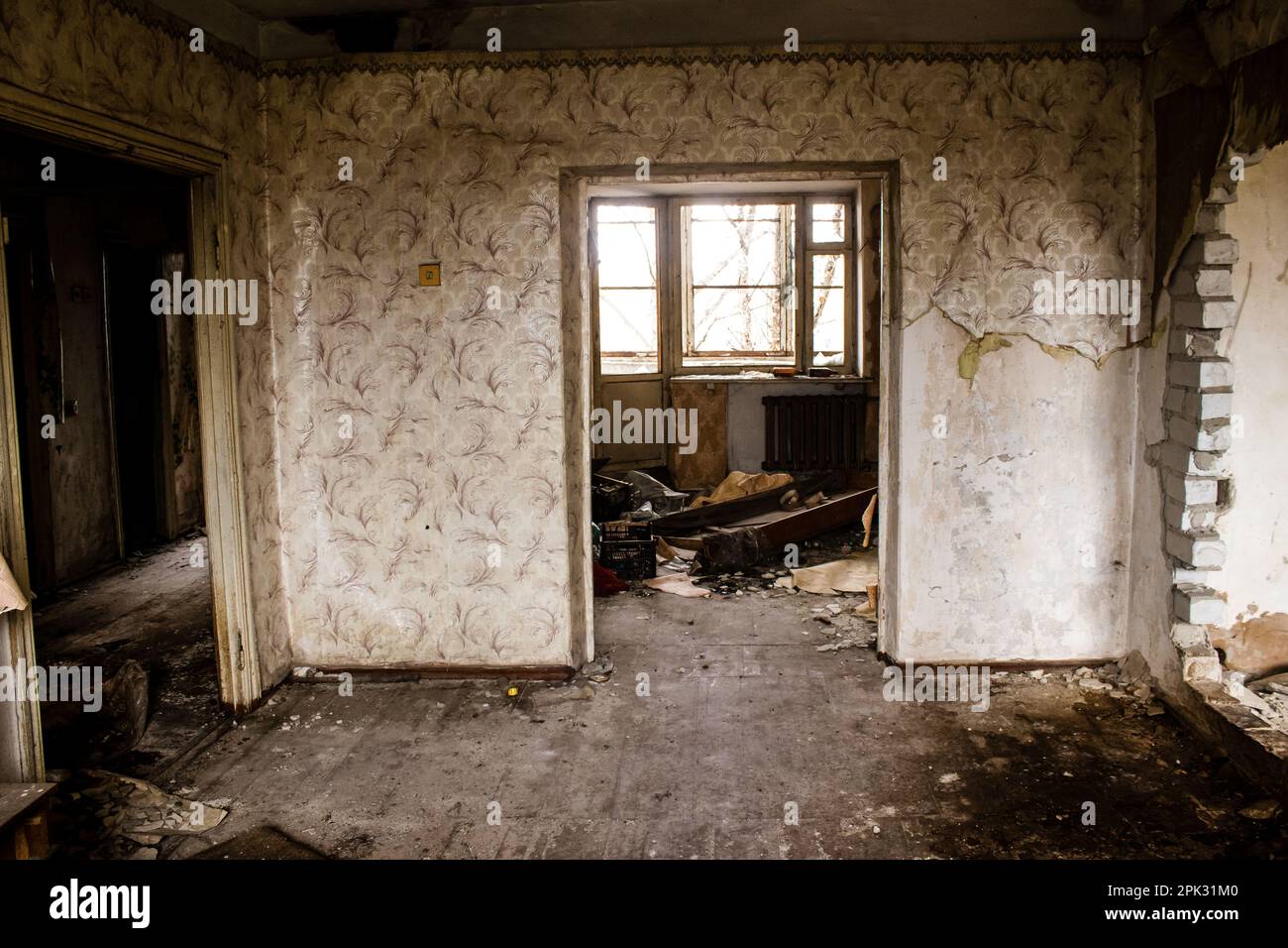 Interior of a house destroyed by a Russian bombardment. Objects of ...