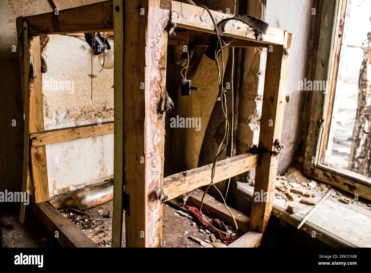 Interior of a house destroyed by a Russian bombardment. Objects of ...