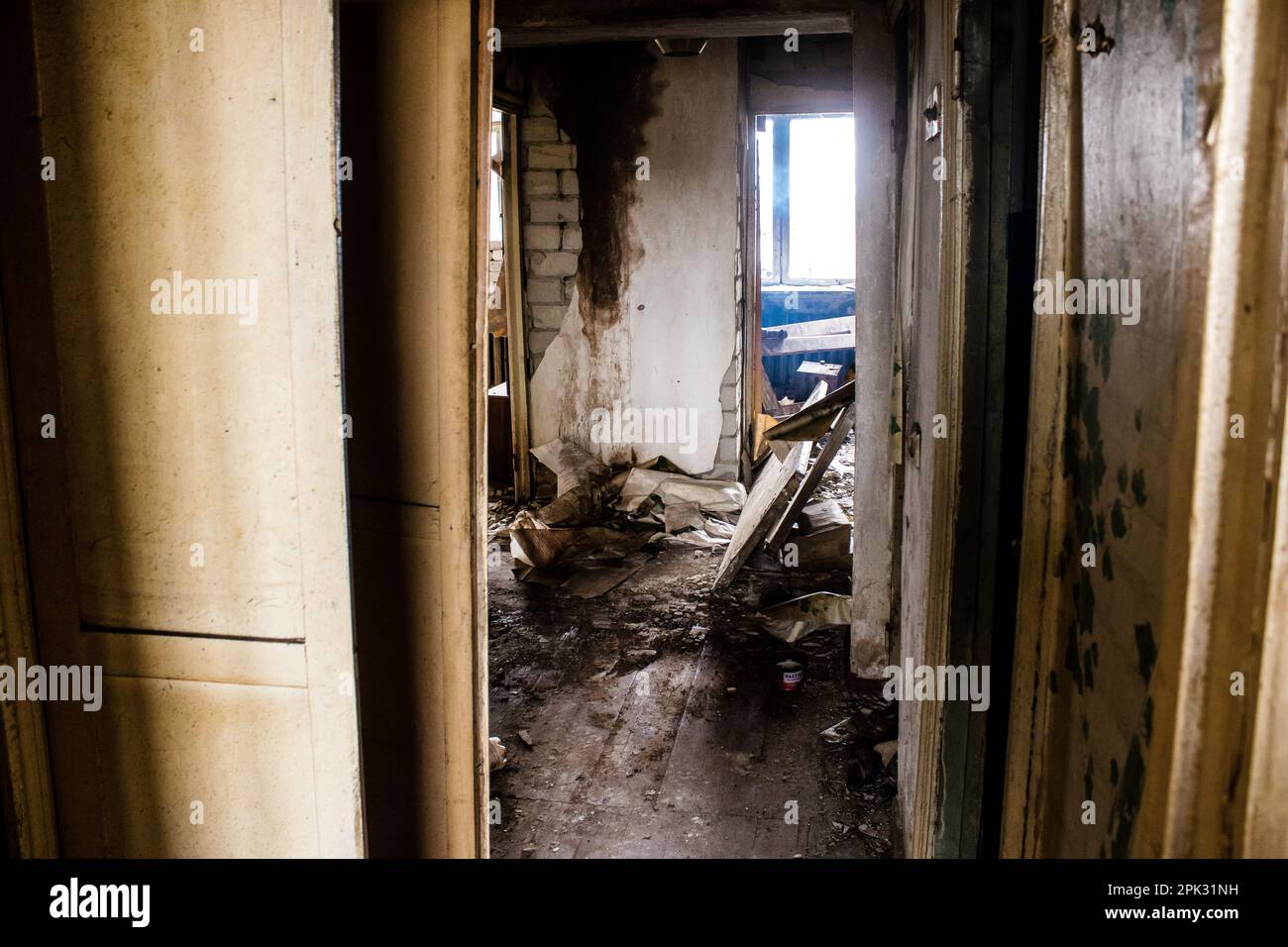 Interior of a house destroyed by a Russian bombardment. Objects of ...