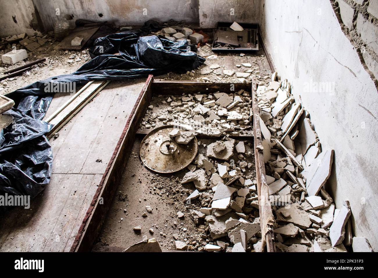 Interior of a house destroyed by a Russian bombardment. Objects of ...