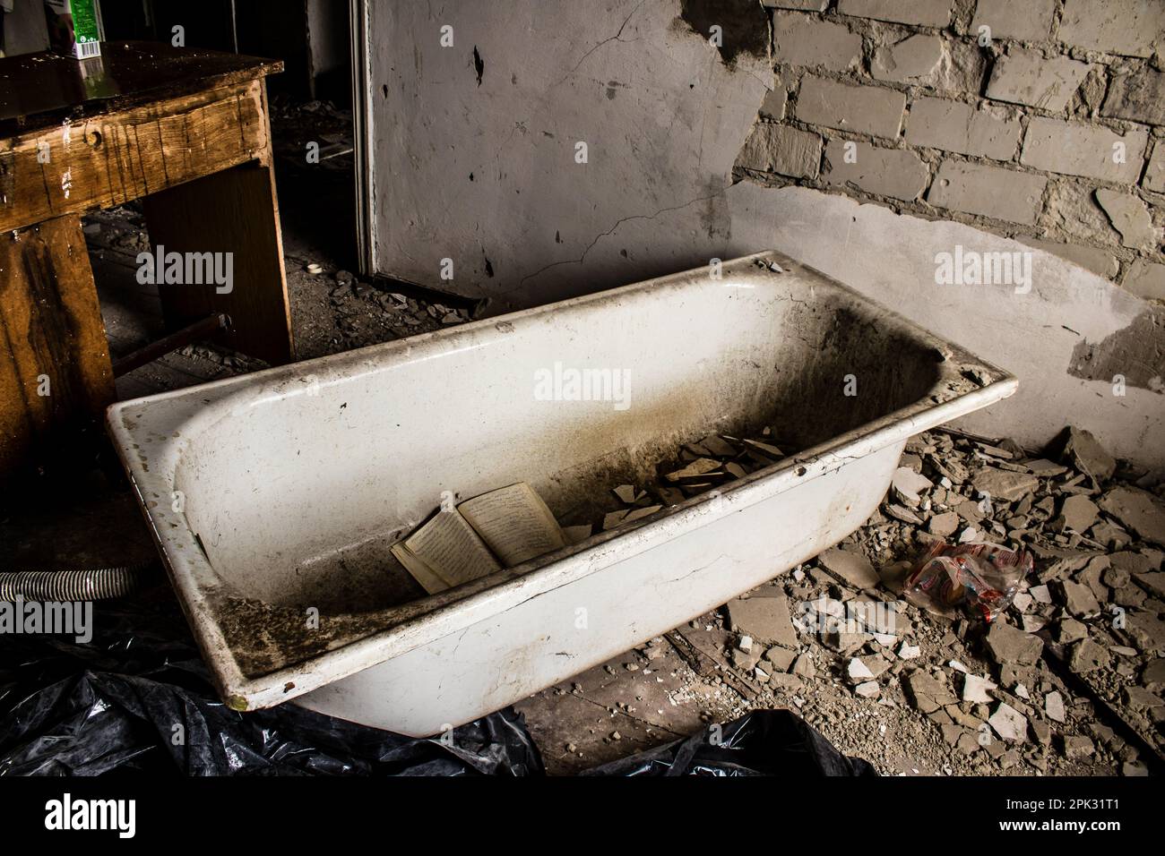 Interior of a house destroyed by a Russian bombardment. Objects of ...