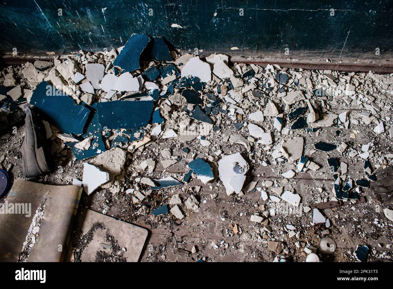 Interior of a house destroyed by a Russian bombardment. Objects of ...