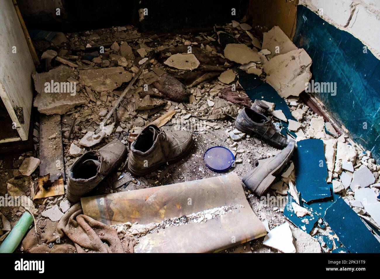 Interior of a house destroyed by a Russian bombardment. Objects of ...
