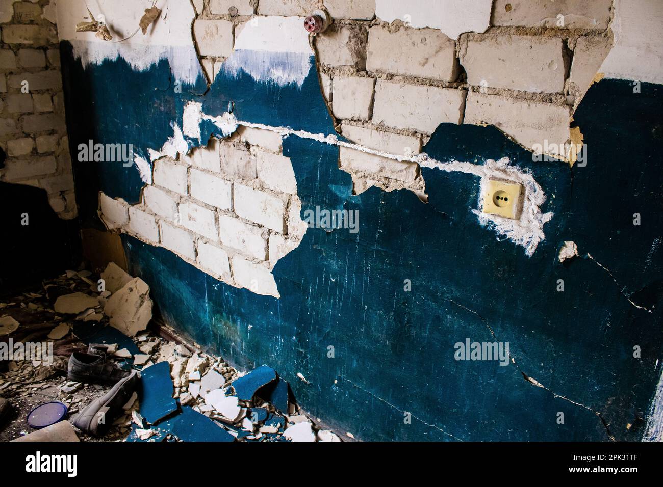 Interior of a house destroyed by a Russian bombardment. Objects of ...