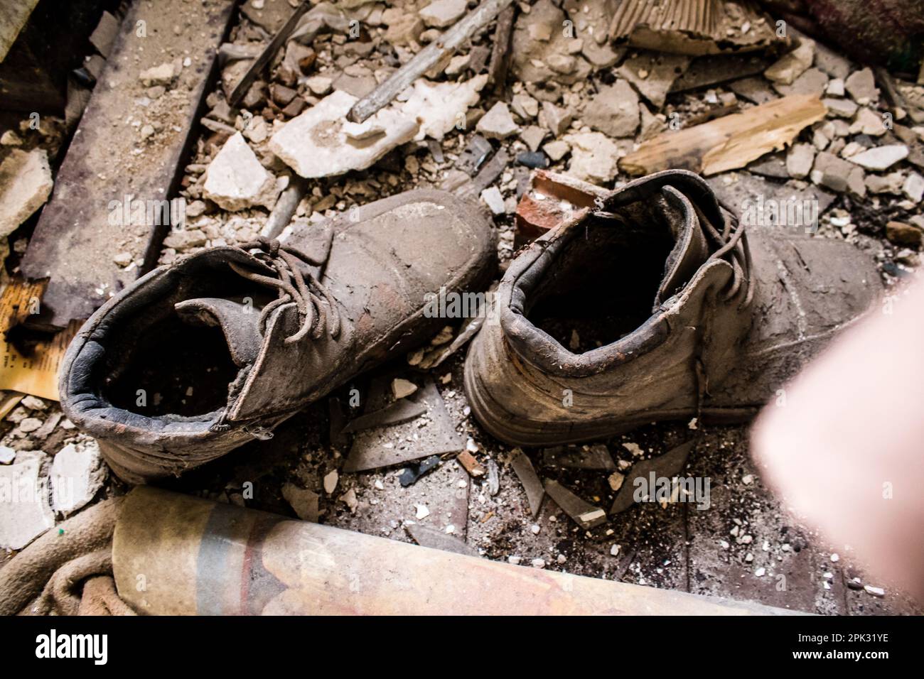 Interior of a house destroyed by a Russian bombardment. Objects of ...