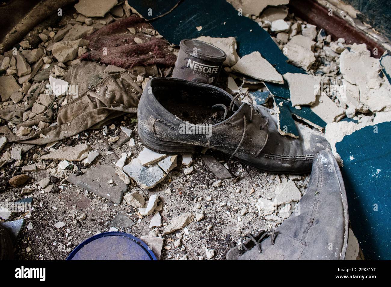 Interior of a house destroyed by a Russian bombardment. Objects of ...