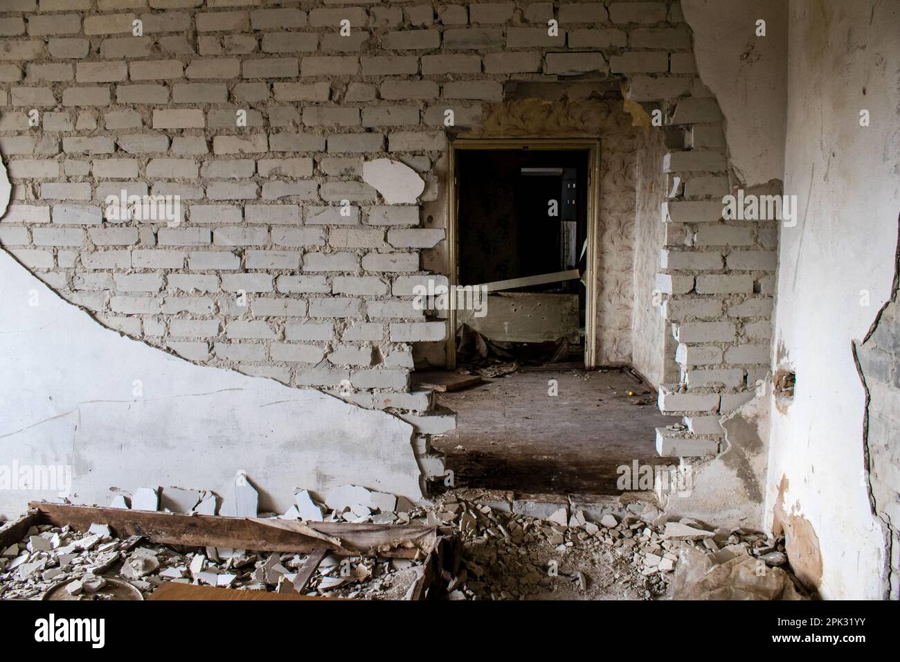 Interior of a house destroyed by a Russian bombardment. Objects of ...