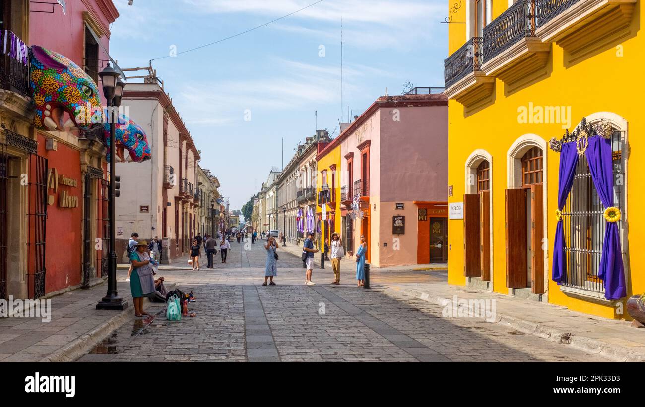 Famous pedestrian street Macedonia Alcala, Oaxaca historical center ...