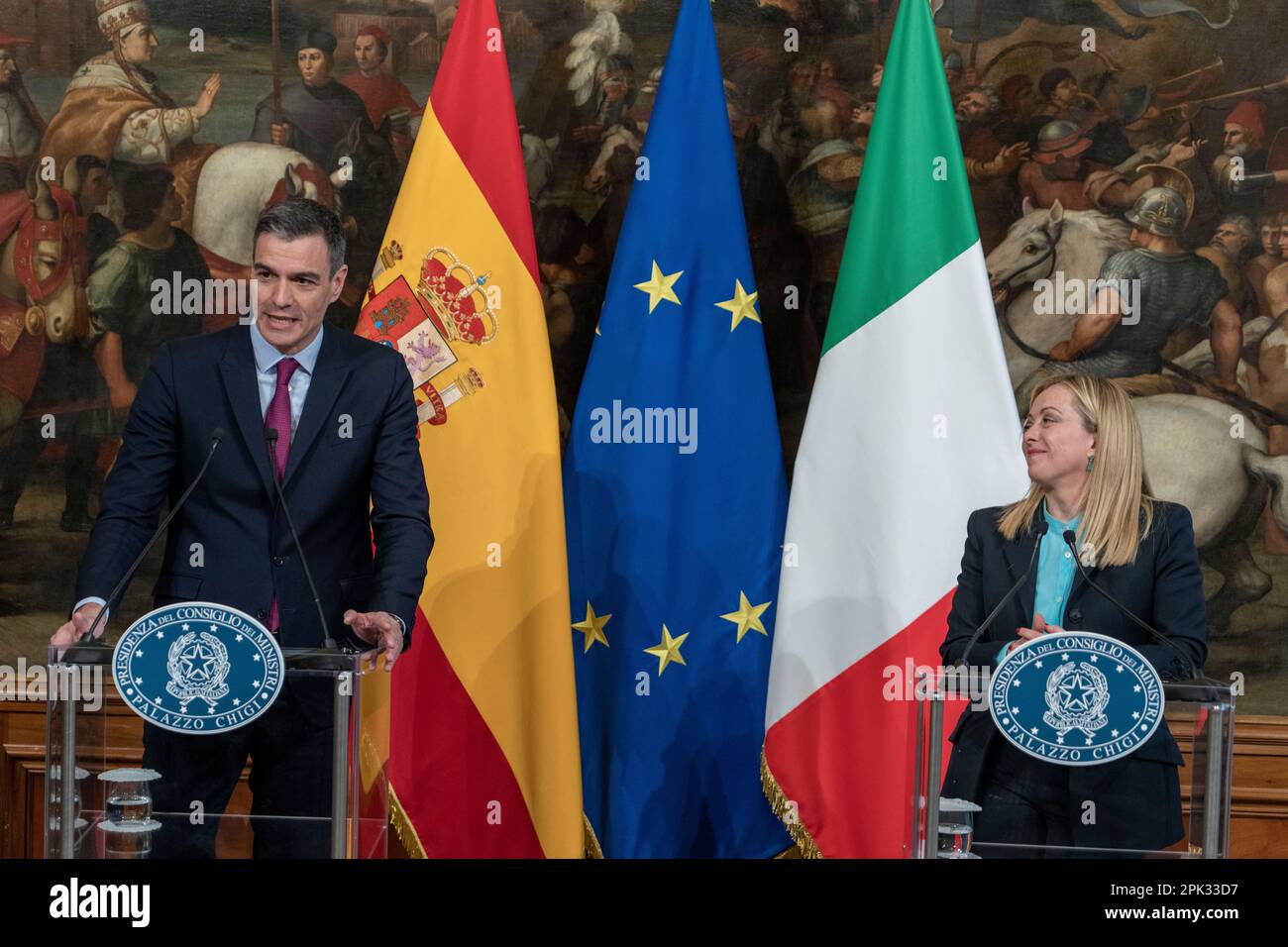 Spain's Prime Minister Pedro Sanchez, left, and Italian Premier Giorgia ...