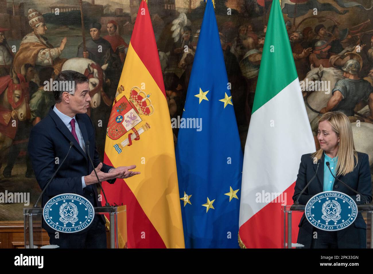 Spain's Prime Minister Pedro Sanchez, left, and Italian Premier Giorgia ...