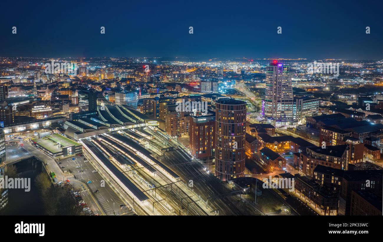 Leeds train station Aerial View of the city centre with retail, offices ...