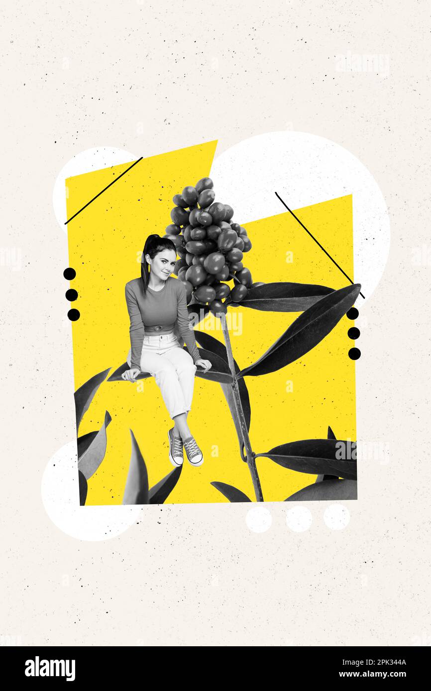 Creative retro pinup collage of little young lady sitting on green leaf ...