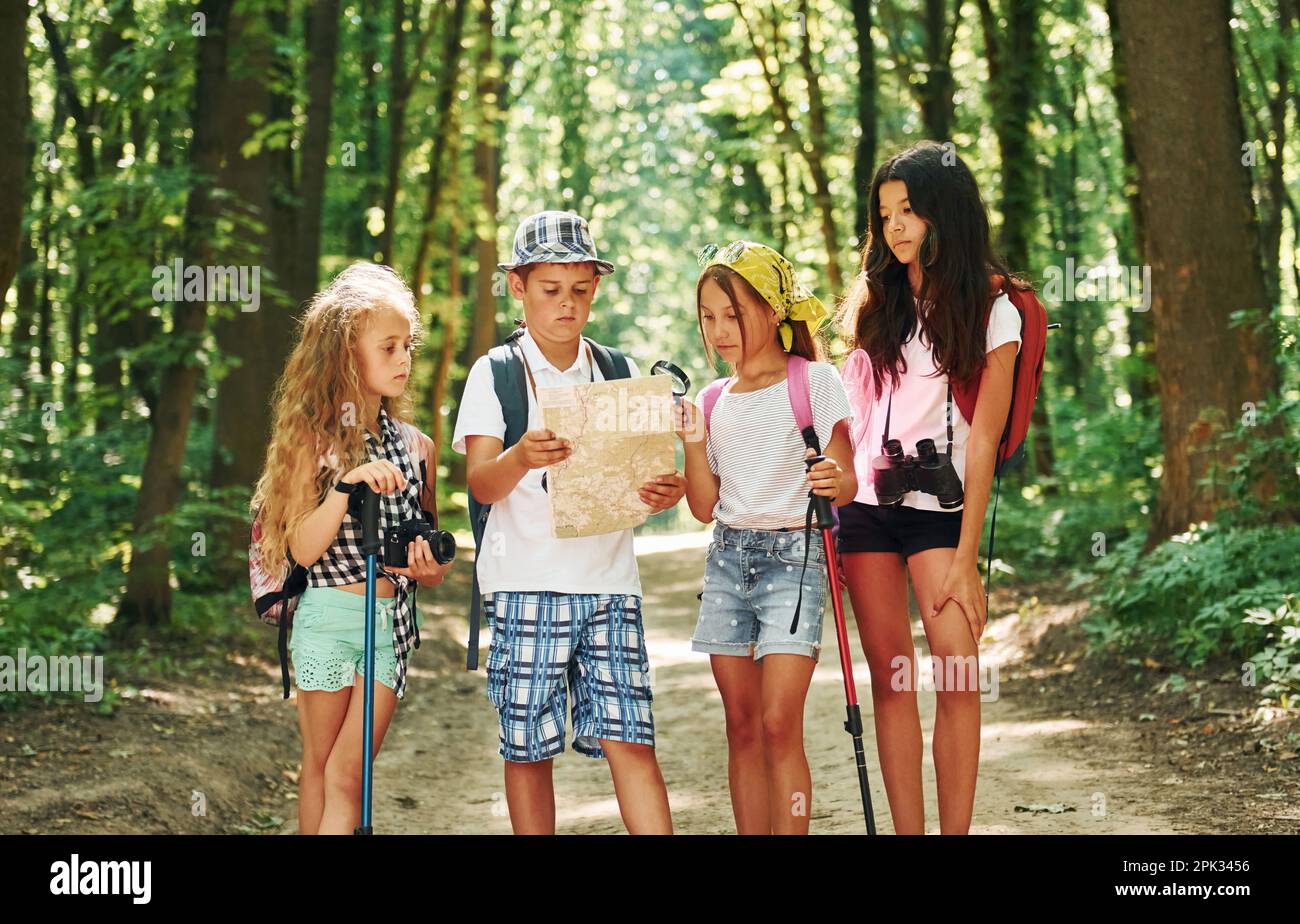 Kids strolling in the forest with travel equipment Stock Photo - Alamy