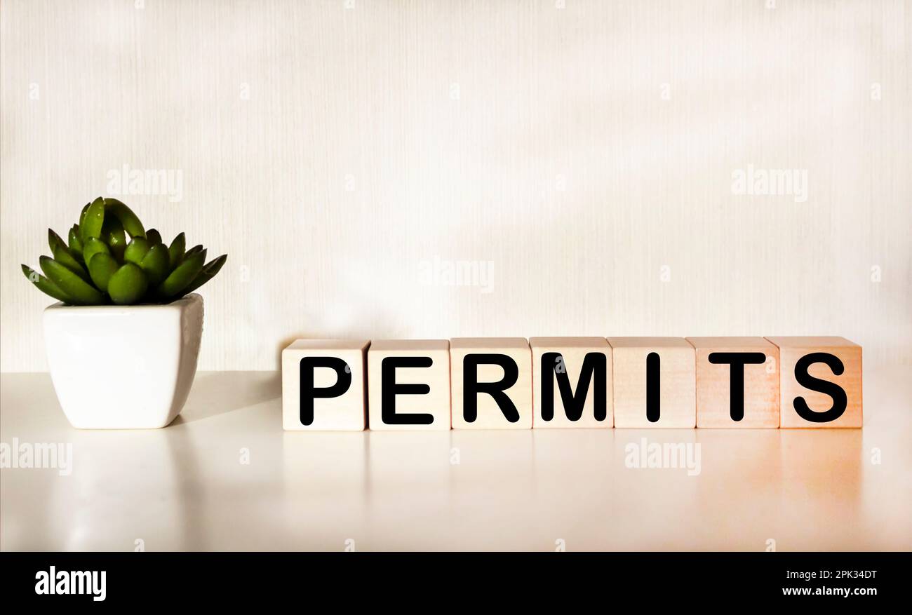 Allow word written on wooden block. The word PERMITS consists of wooden ...