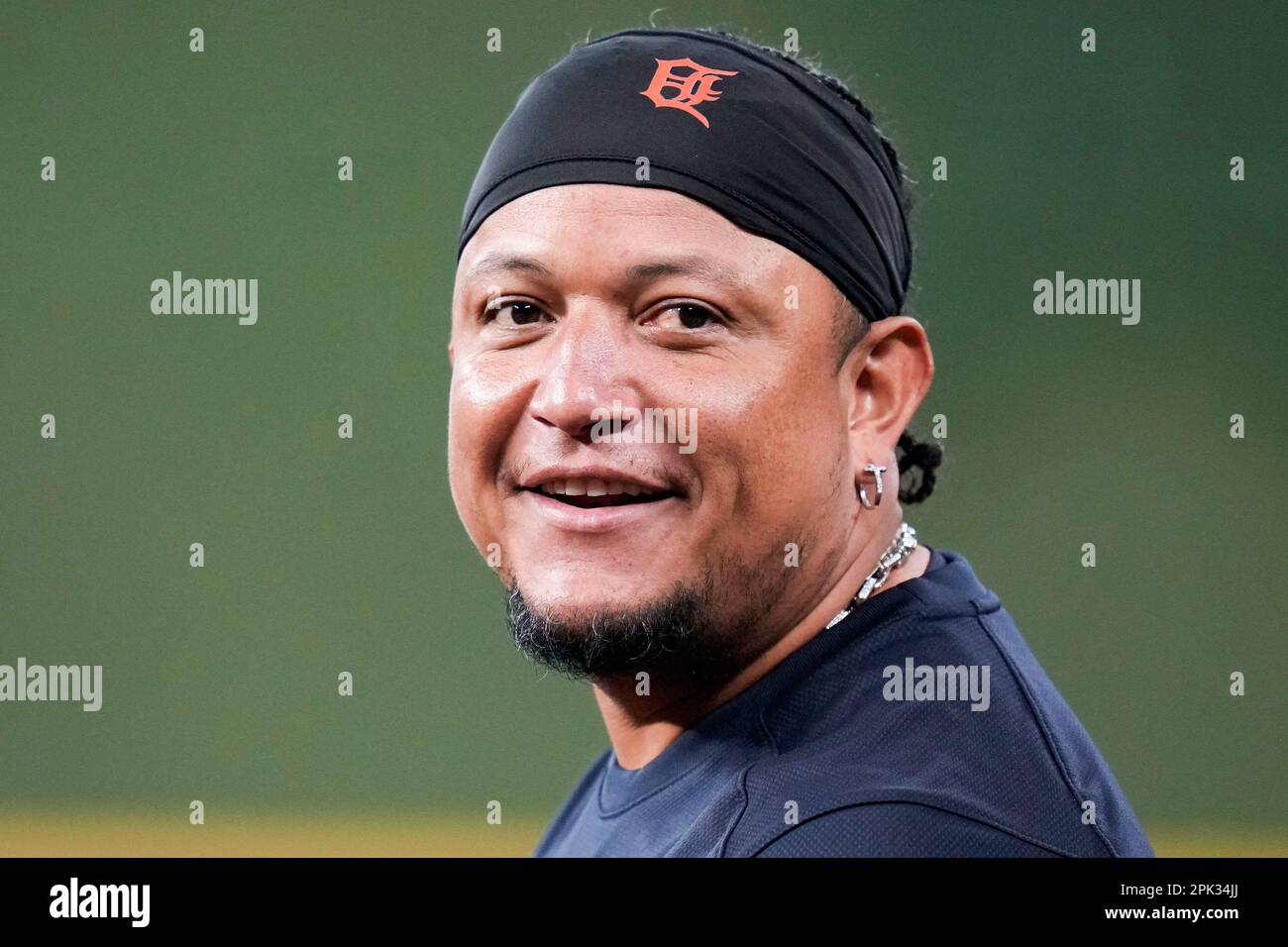 Detroit Tigers' Miguel Cabrera looks on during batting practice before a baseball game against ...