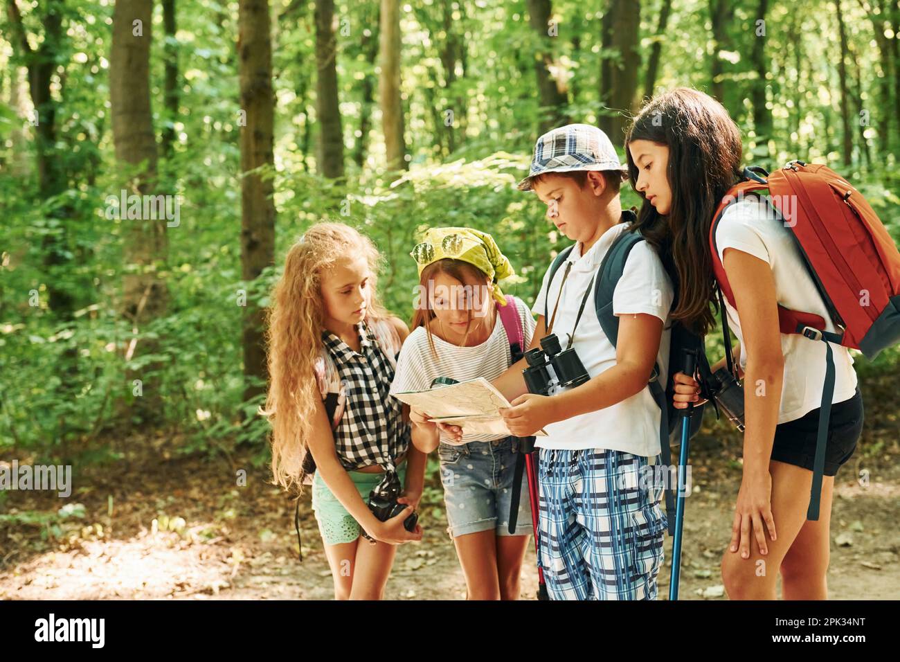 Looking for a path. Kids strolling in the forest with travel equipment ...