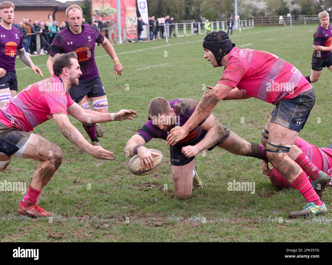 01.04.2023 Leicester, England. Rugby Union. Lions Luke Veebel crashes ...