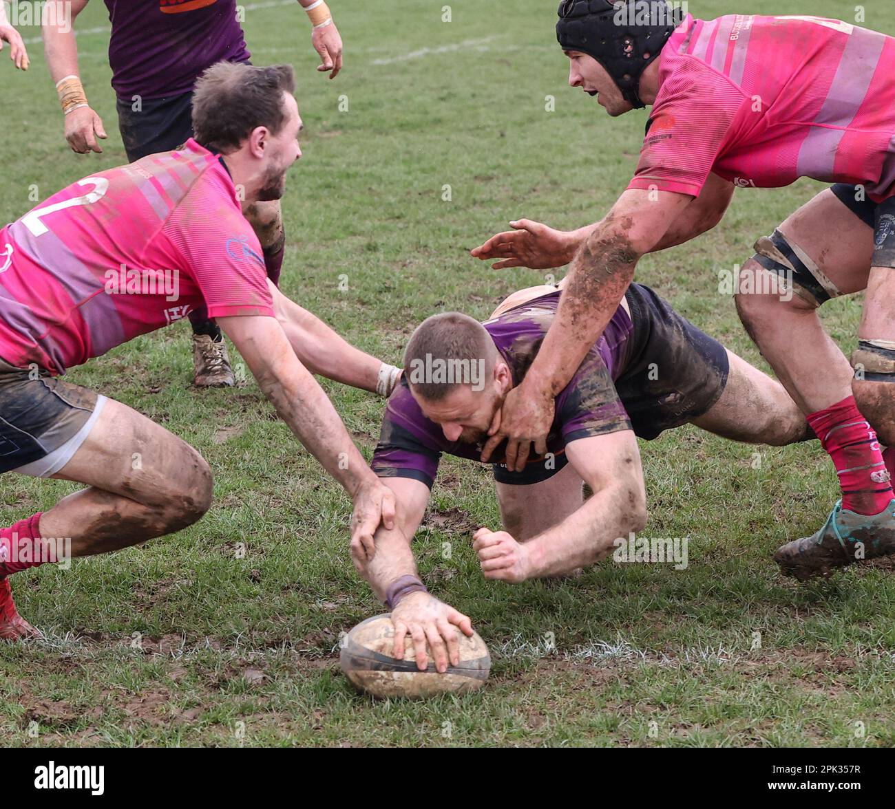 01.04.2023 Leicester, England. Rugby Union. Lions Luke Veebel crashes ...