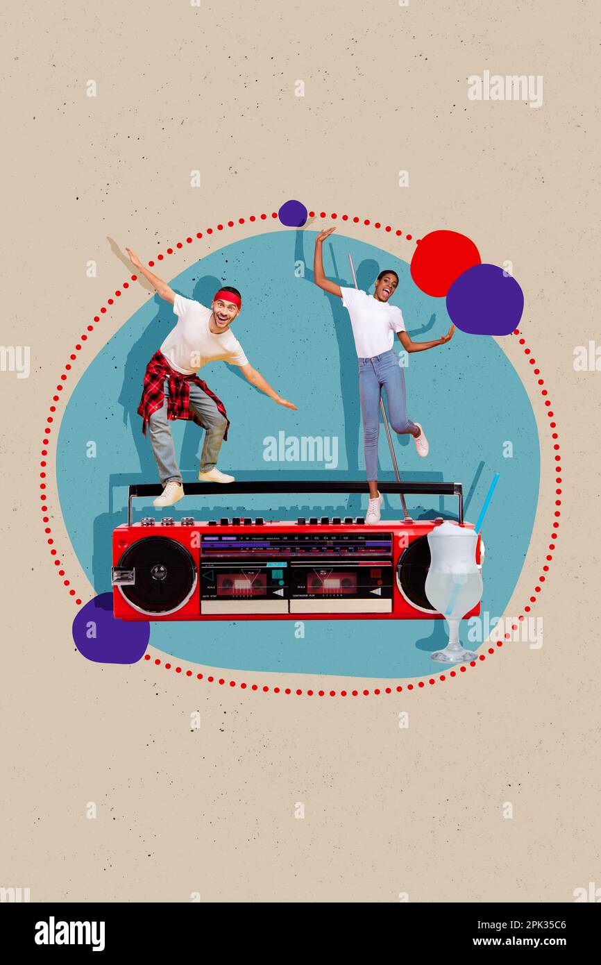 Vertical collage picture of two overjoyed positive mini people stand ...