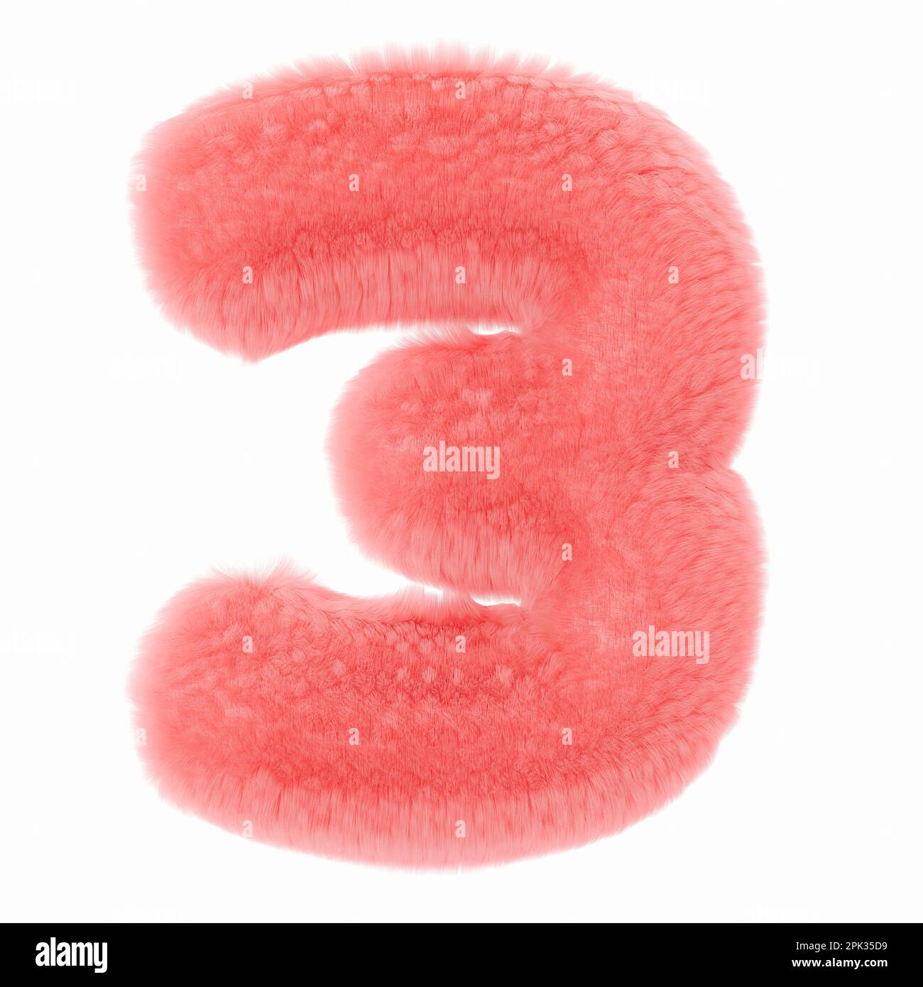 Pink and fluffy 3D number three, isolated on white background. Furry ...