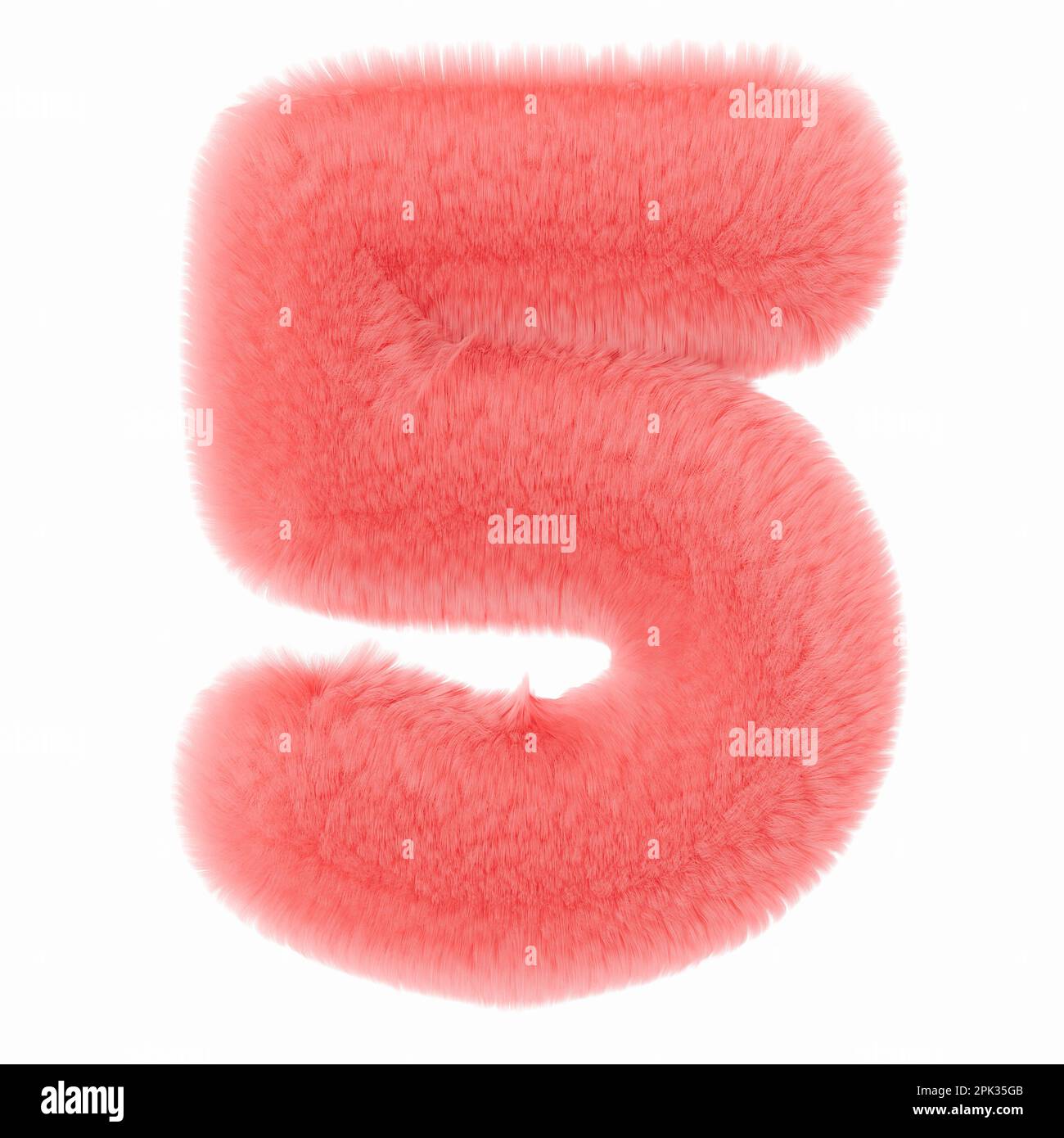 Pink and fluffy 3D number five, isolated on white background. Furry ...