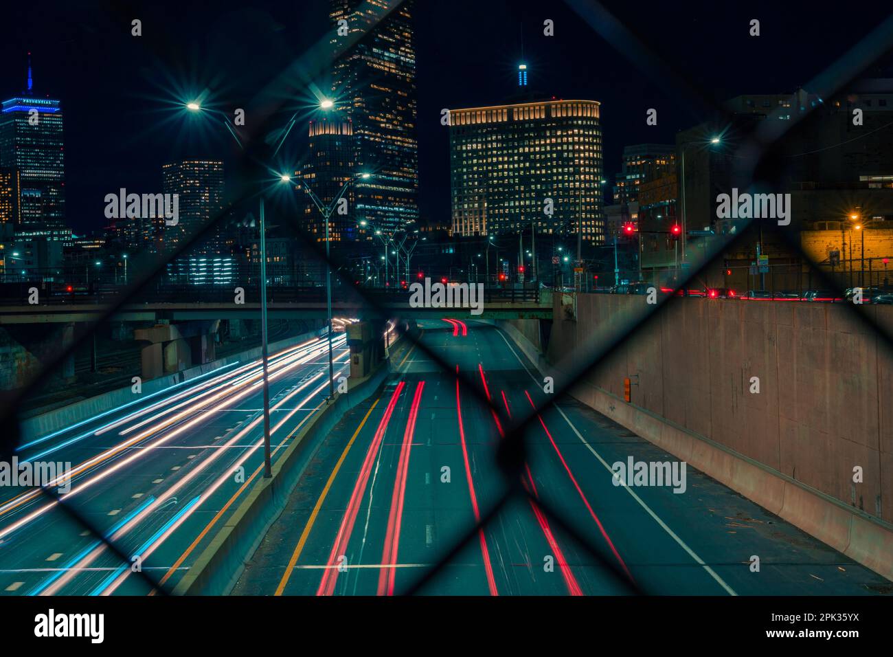 Long exposure light trails of the Boston, Massachusetts city skyline ...