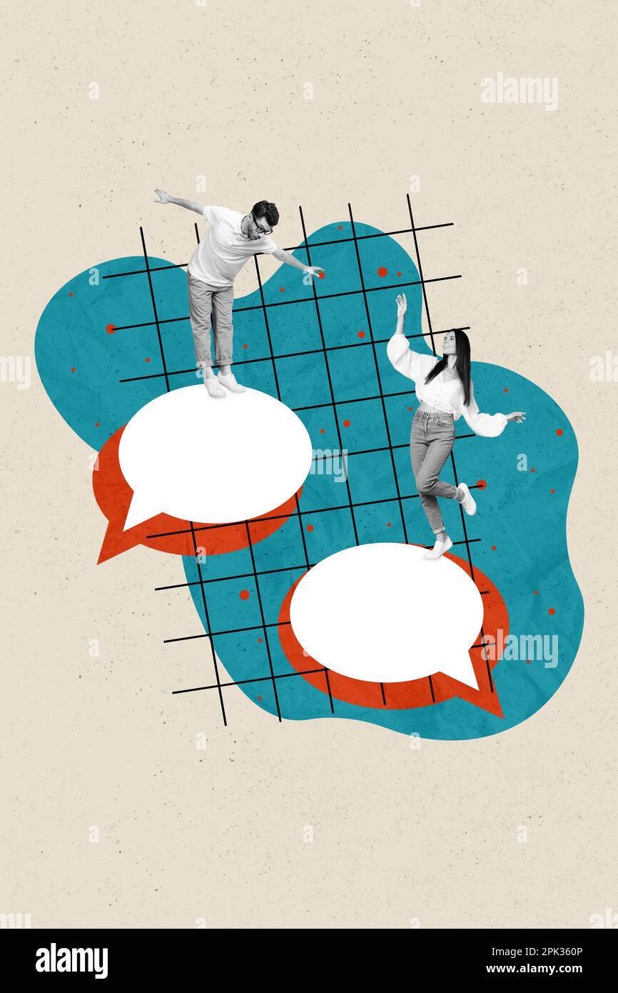 Vertical collage picture of two mini black white gamma people stand ...