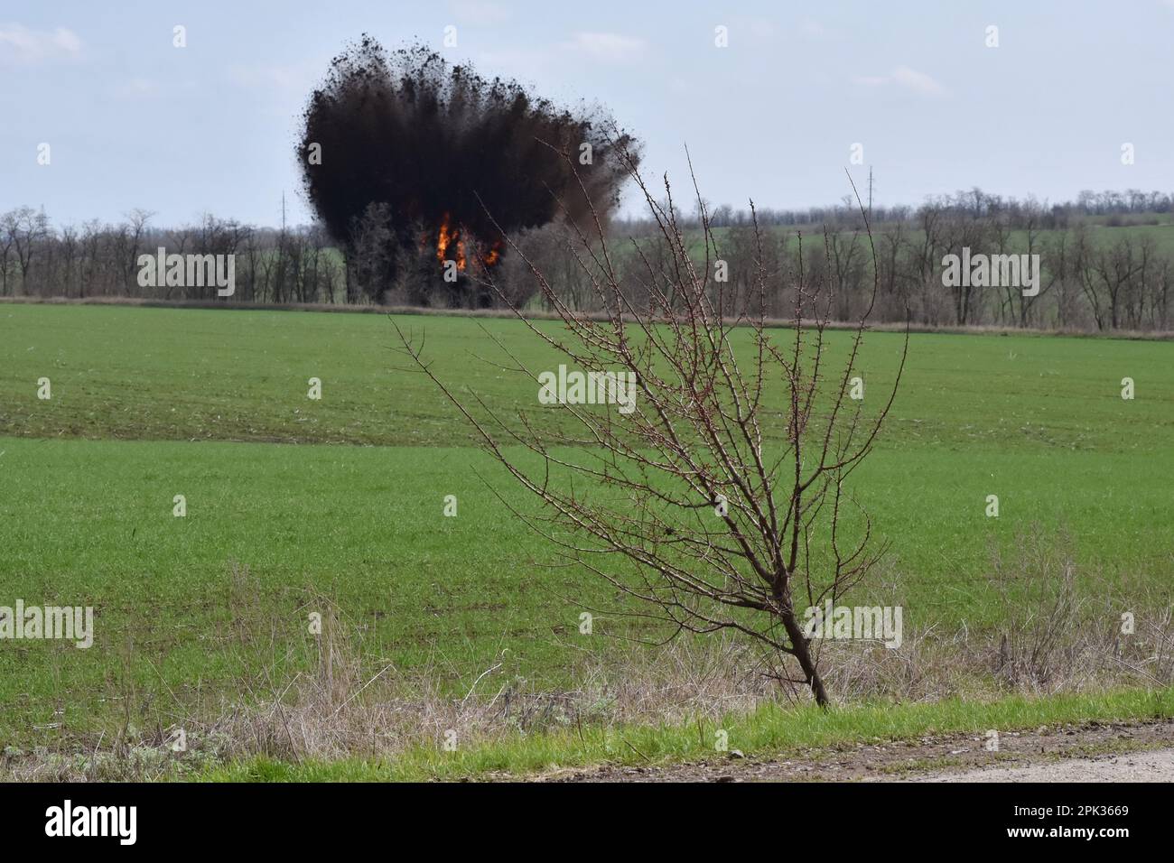 General view of the controlled explosion of a FAB-500 unexploded ...