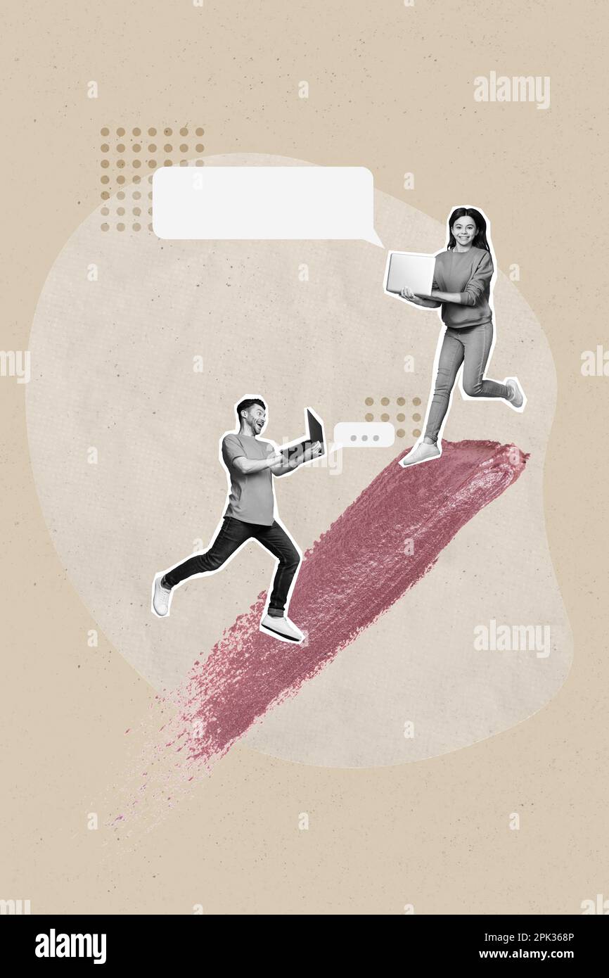 Vertical photo collage illustration of busy people guy girl working on ...