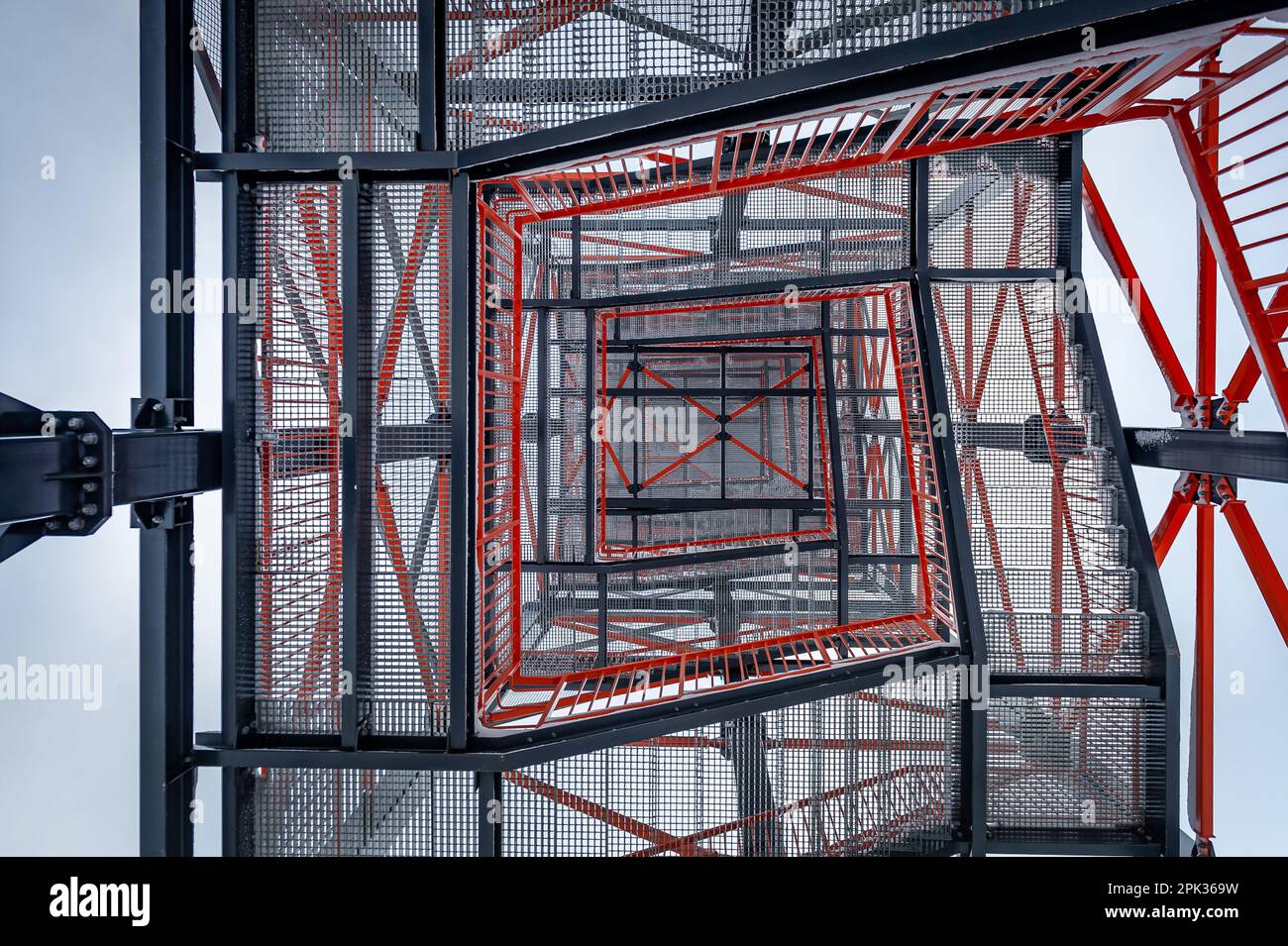 Up view from the bottom of an observation tower. Lookout tower with a ...