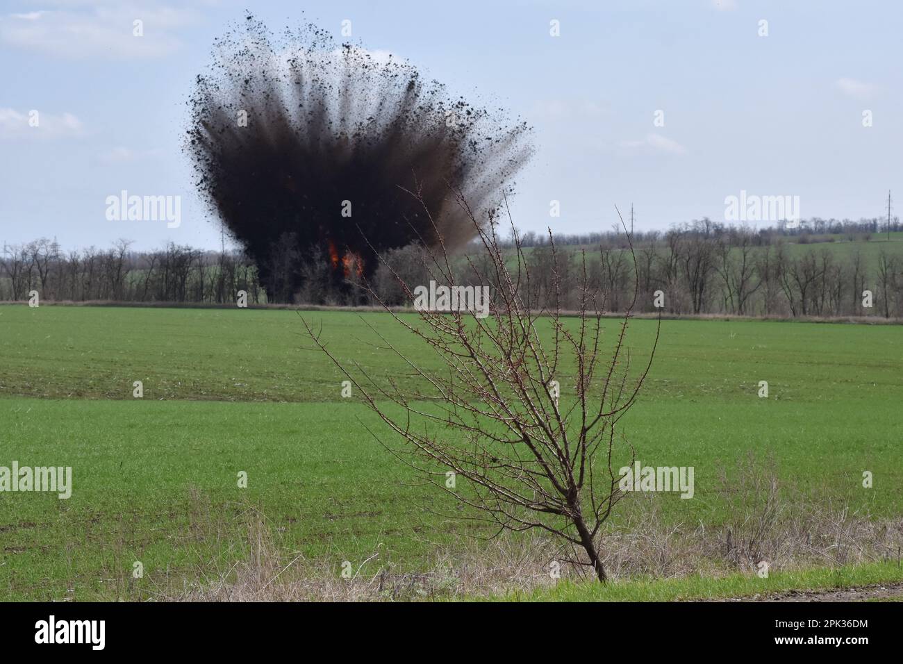 General view of the controlled explosion of a FAB-500 unexploded ...