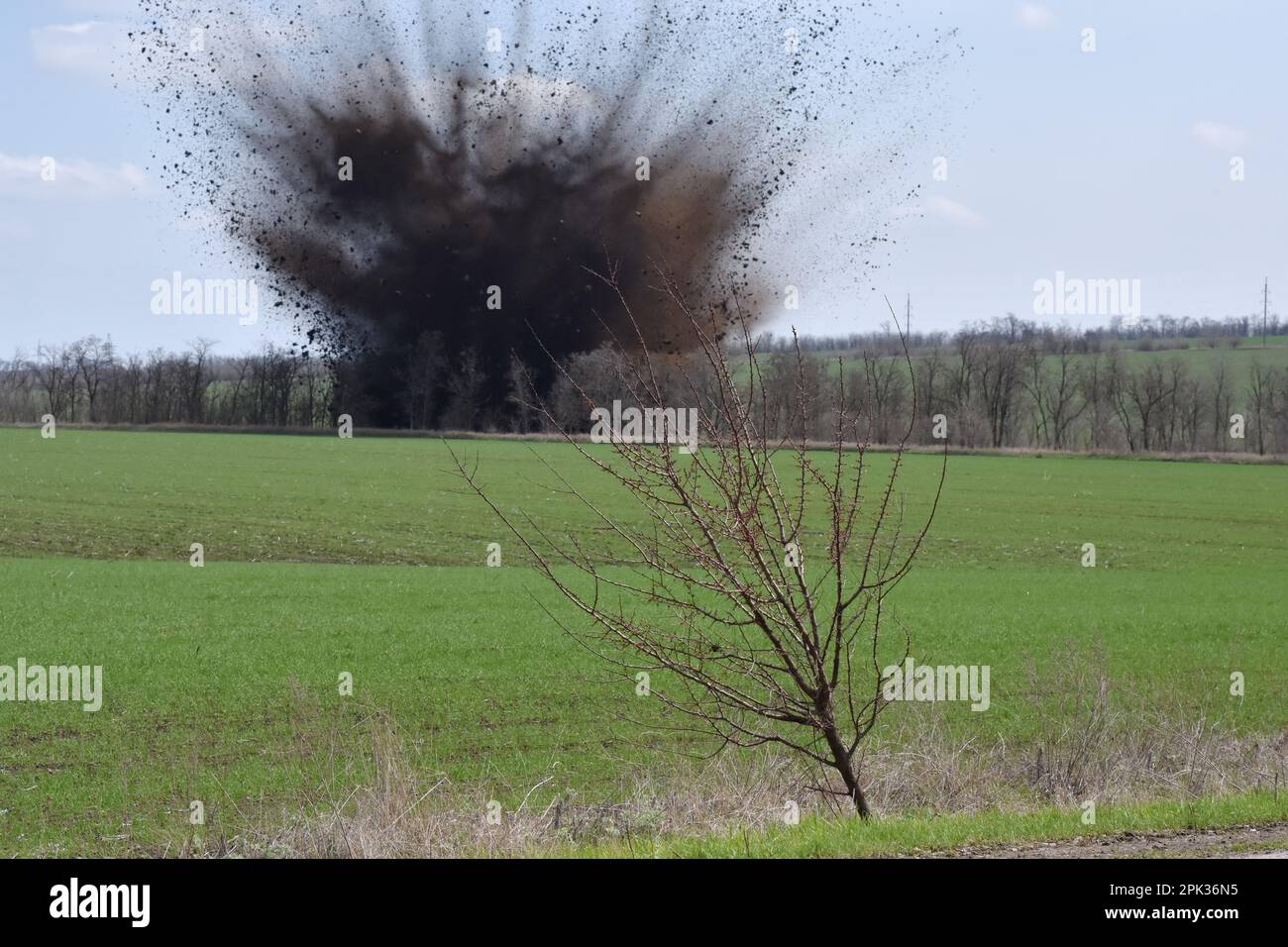 General view of the controlled explosion of a FAB-500 unexploded ...