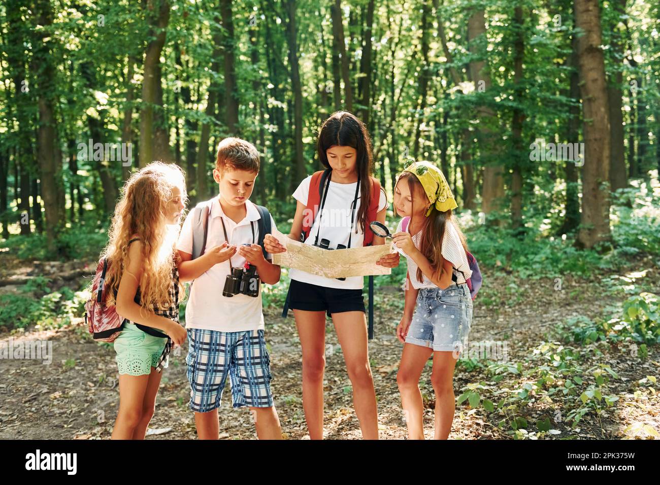 Using map to find a way. Kids strolling in the forest with travel ...