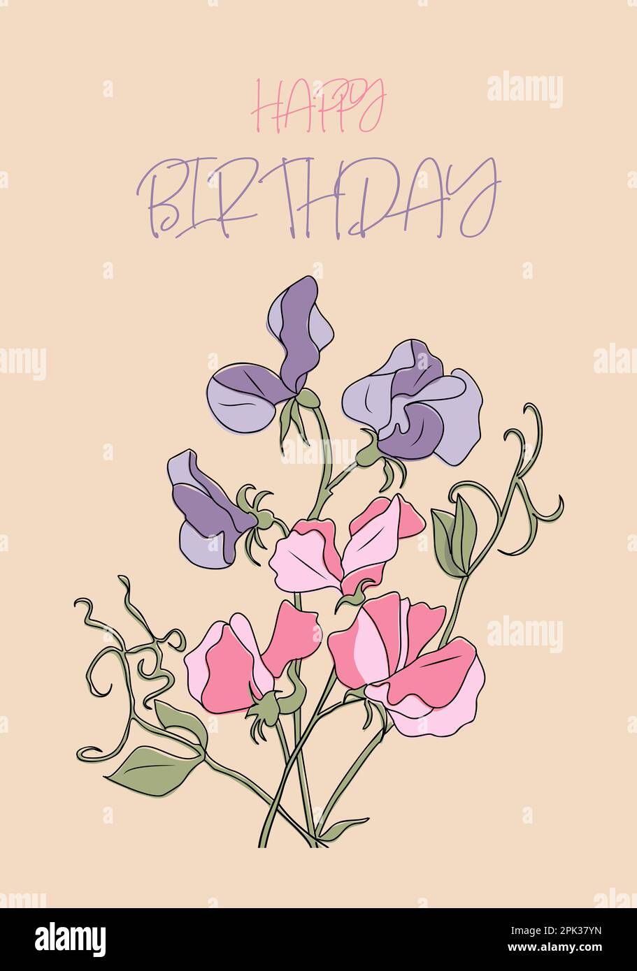 Happy birthday greeting card with Sweet Pea flower Stock Vector Image ...