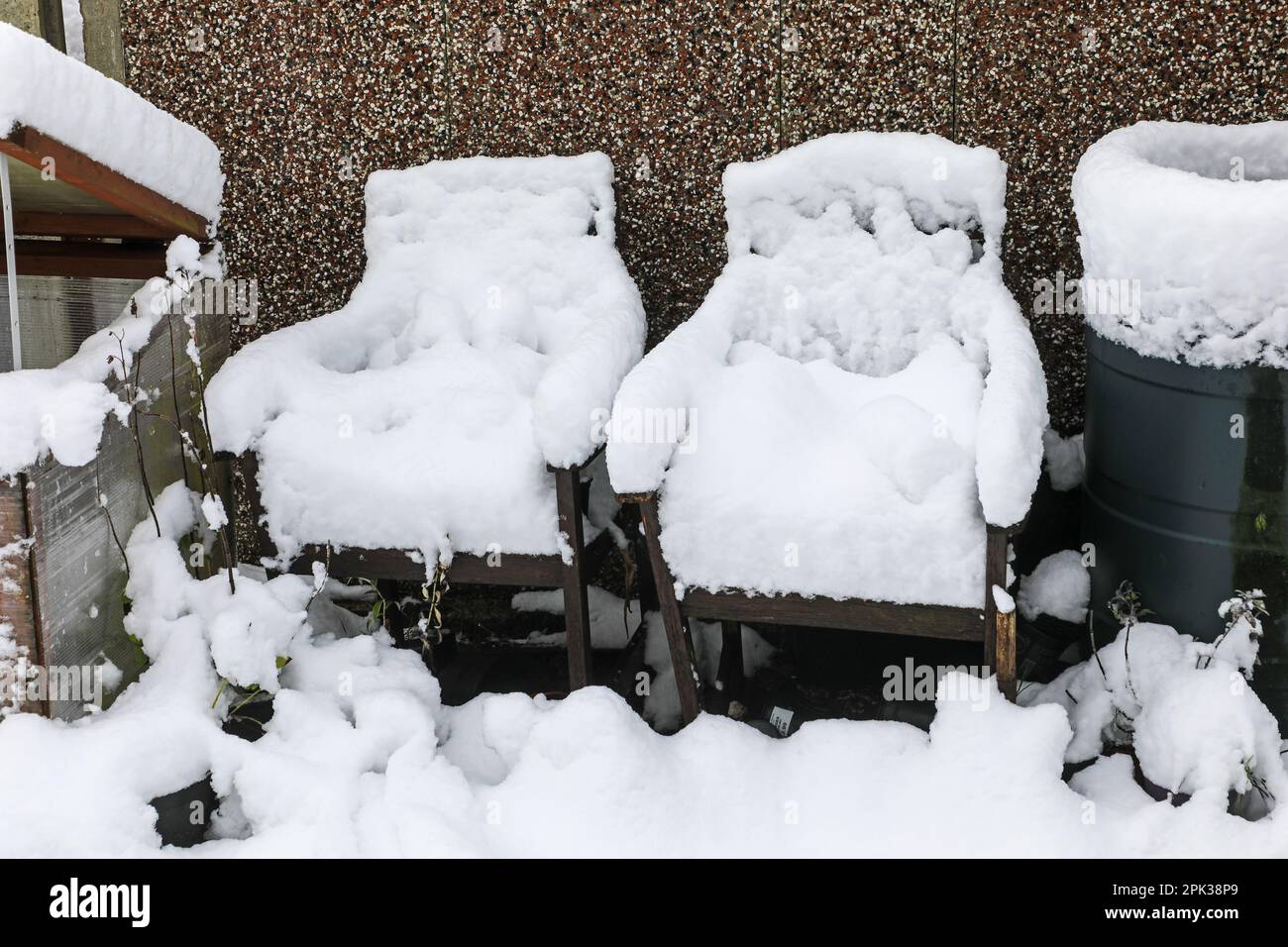 Two garden chairs covered in snow on a winter snowy day, England, UK ...