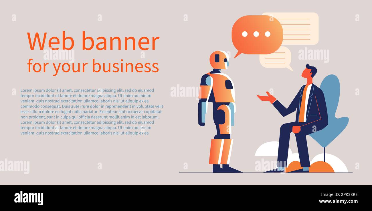 Web banner Man communicating with robot. man communicating with ...