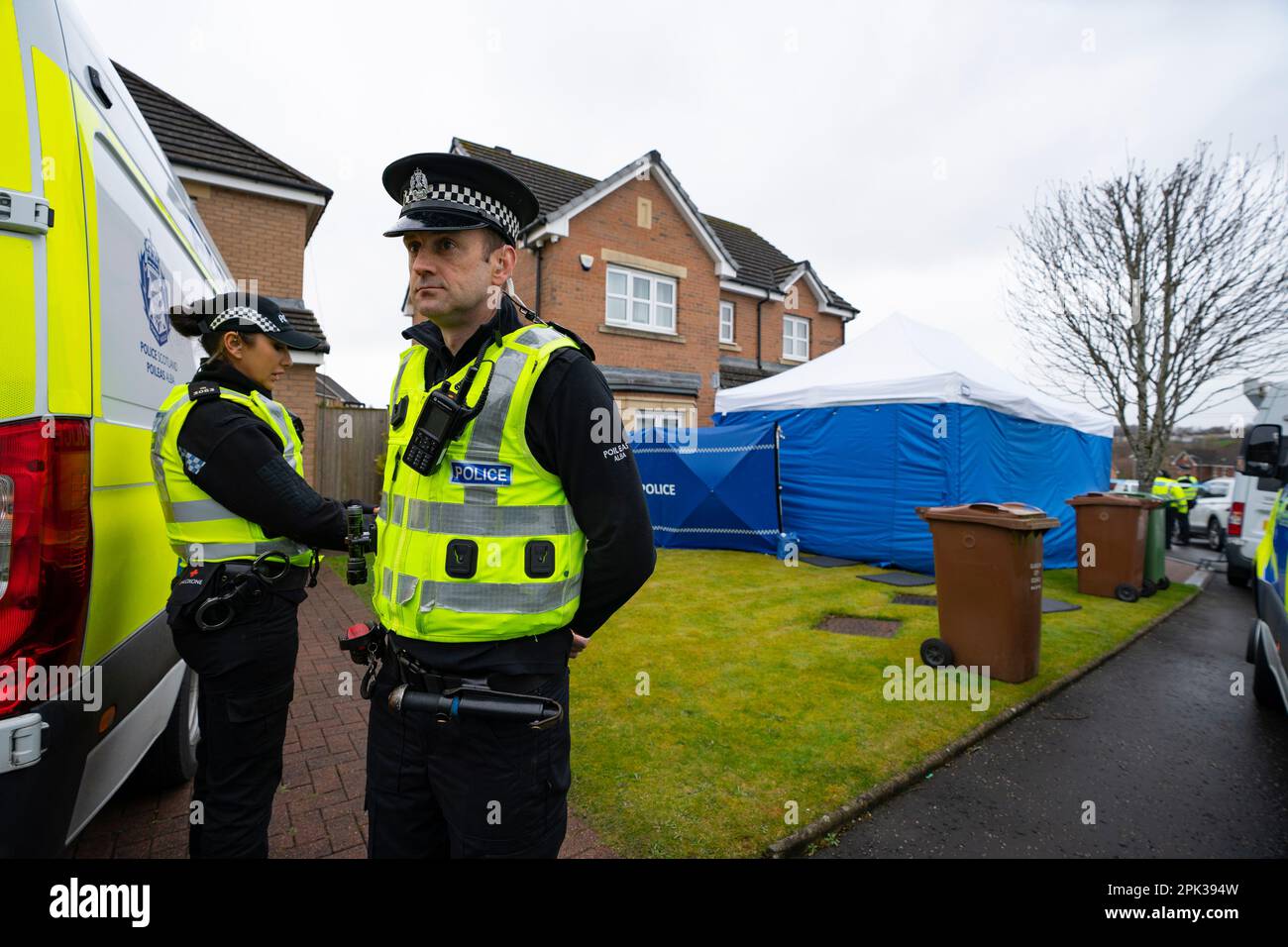 Uddingston, Scotland, UK. 5 April 2023. Police at the home of former ...