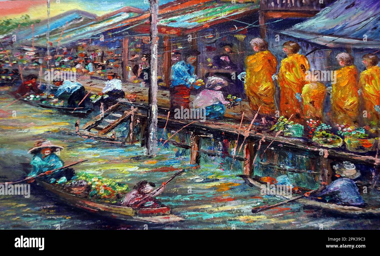 art painting Oil color Floating market dumnoen saduak Stock Photo - Alamy